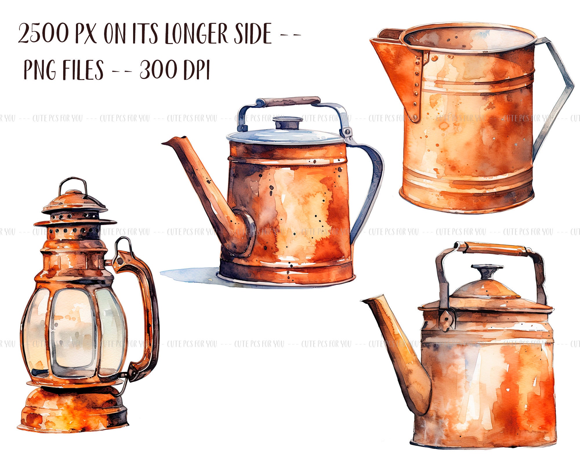 Watercolor Rusty Objects Clipart: Vintage Lantern, Buckets (PNG) - Etsy