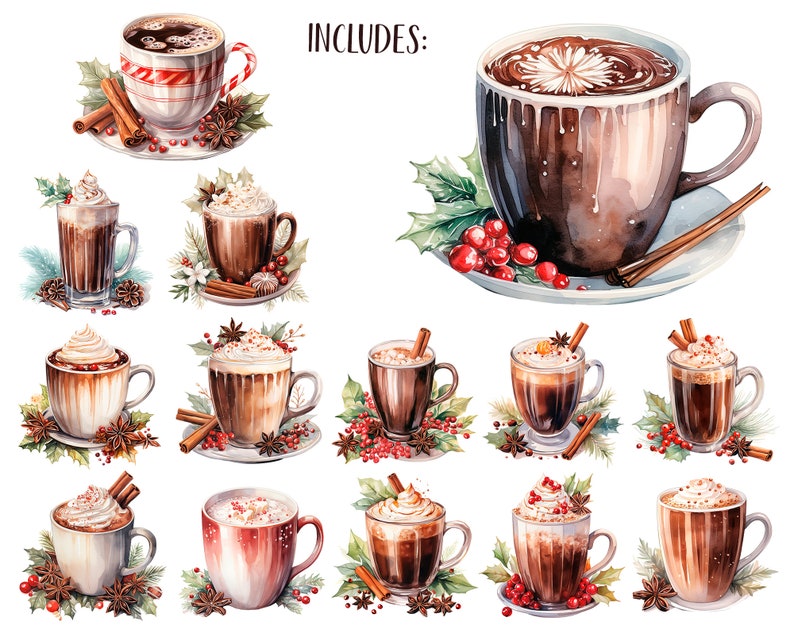 Watercolor Christmas Hot Drinks Clipart: Coffee, Tea (PNG) - Etsy