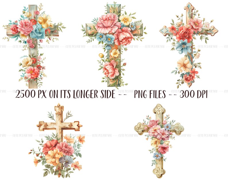 Watercolor Floral Crosses Clipart: Easter Baptism PNG (digital Download ...