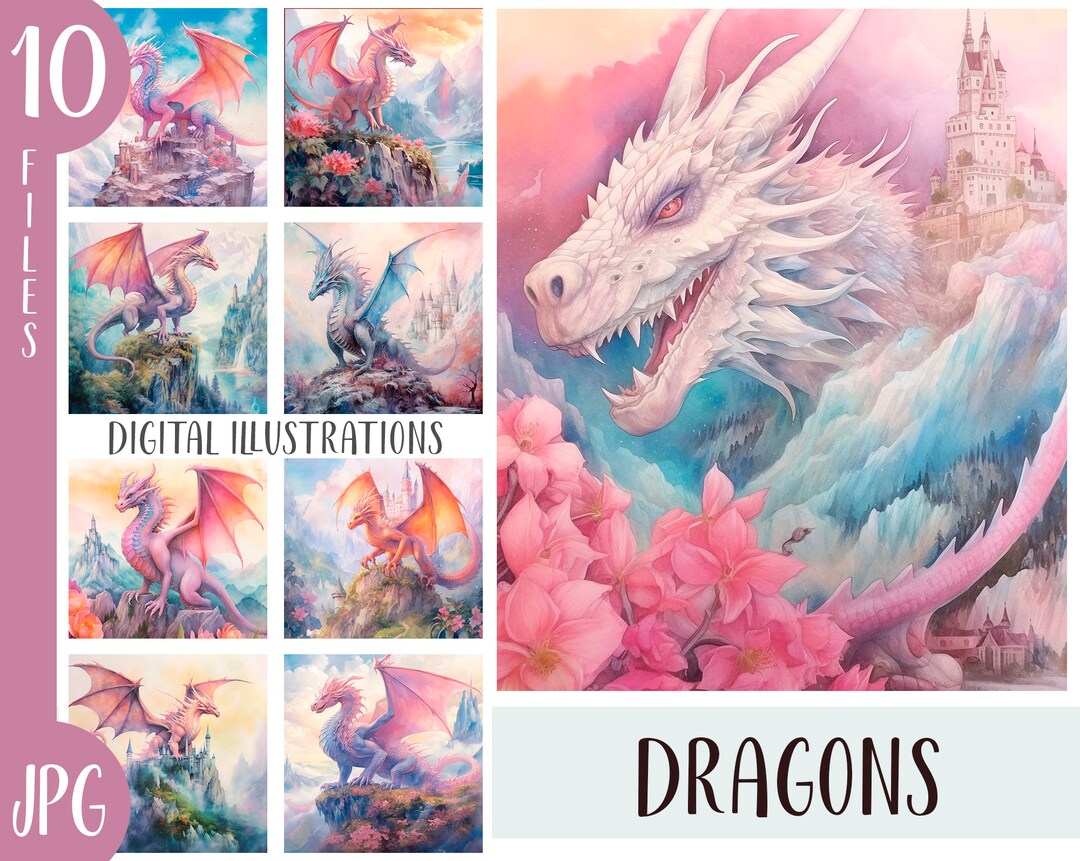 Watercolor Dragon Clipart: Fantasy Castle Illustrations (JPG Digital ...
