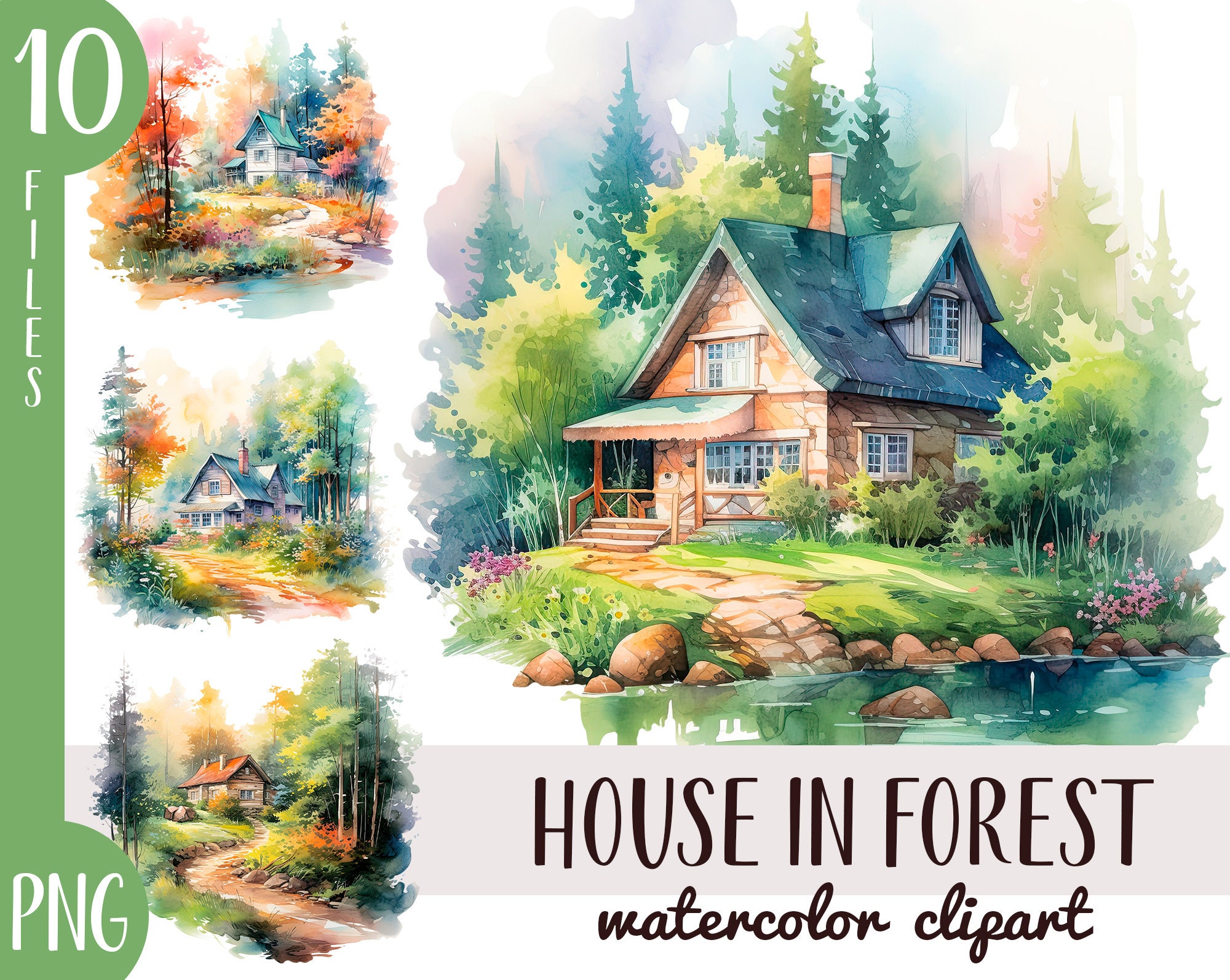 Watercolor House in the Forest Clipart Forest Hut Digital - Etsy