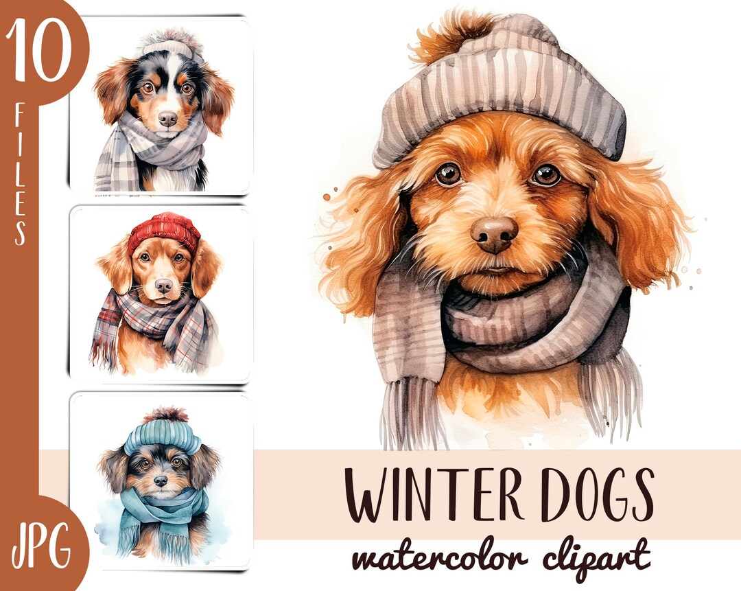 Watercolor Winter Dogs Clipart: Puppies in Hats (JPG) - Etsy
