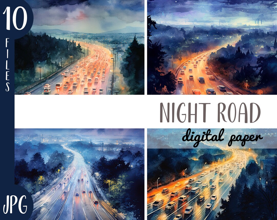 Watercolor Night Road Clipart: Highway Car Lights Illustration (JPG ...