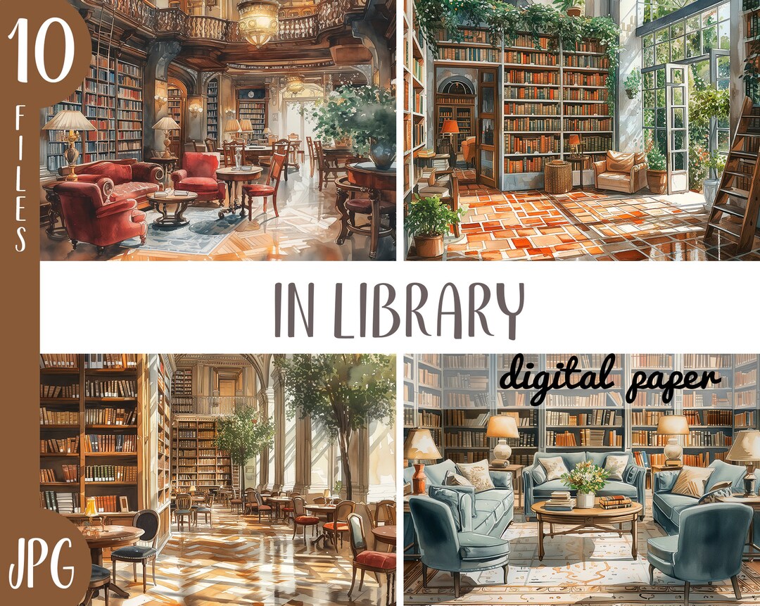 Watercolor Cozy Library Clipart - Home Library Digital Paper - Living ...