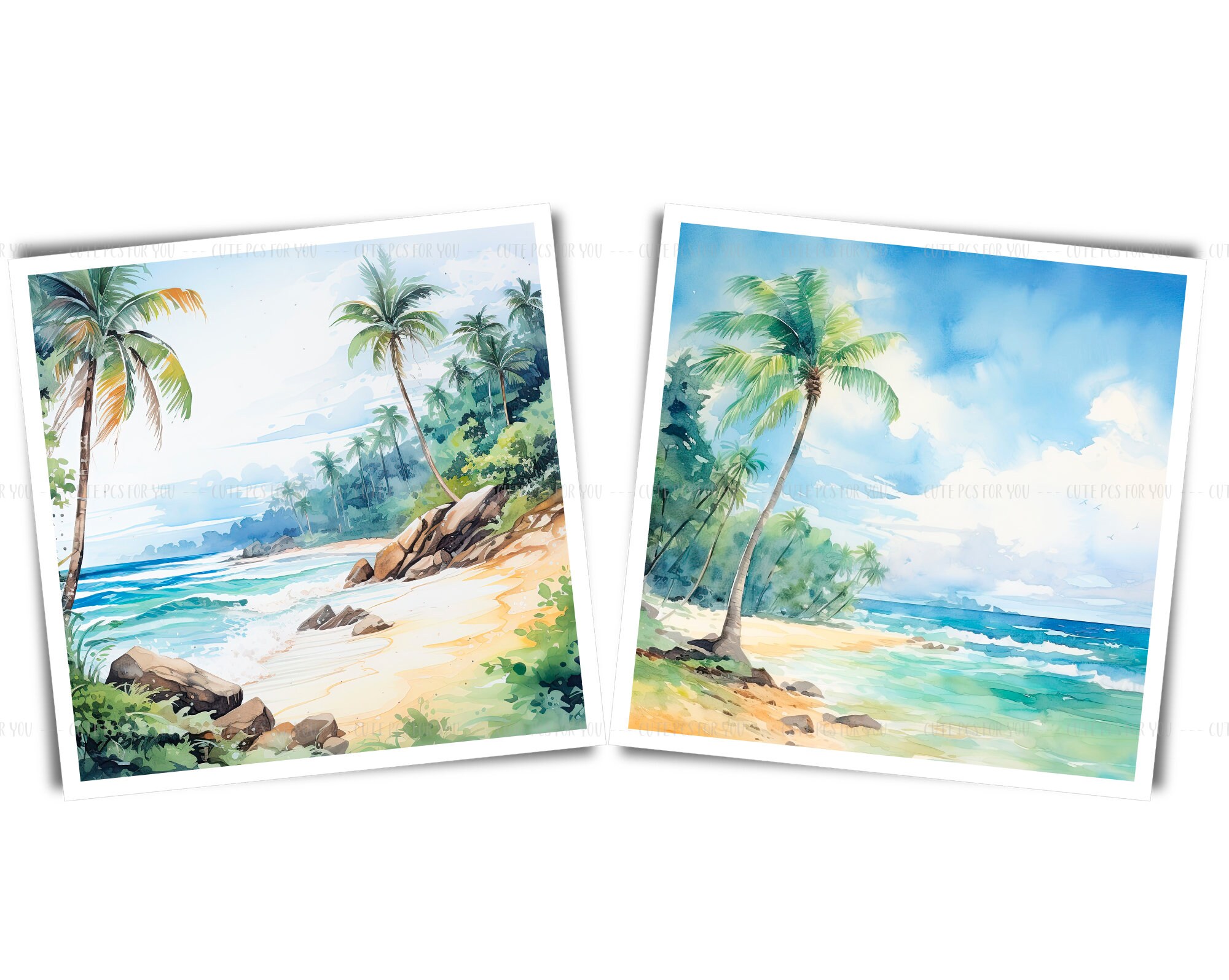 Watercolor Tropical Beach Clipart: Ocean Coast Digital Paper (JPG) - Etsy