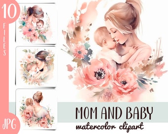 Mothers Day Clipart Bundle Watercolor Mom and Baby (Download Now) - Etsy
