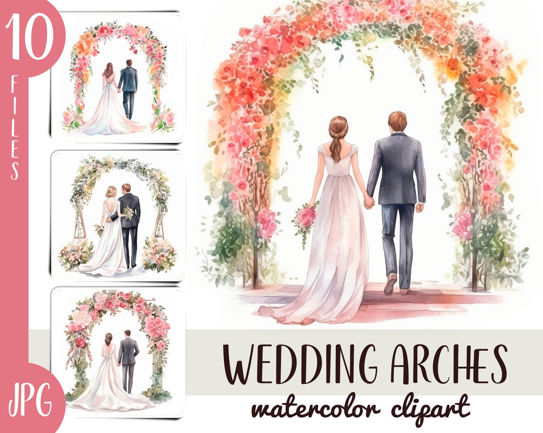 Watercolor Wedding Flower Arches Clipart: Bride & Groom (JPG Digital ...