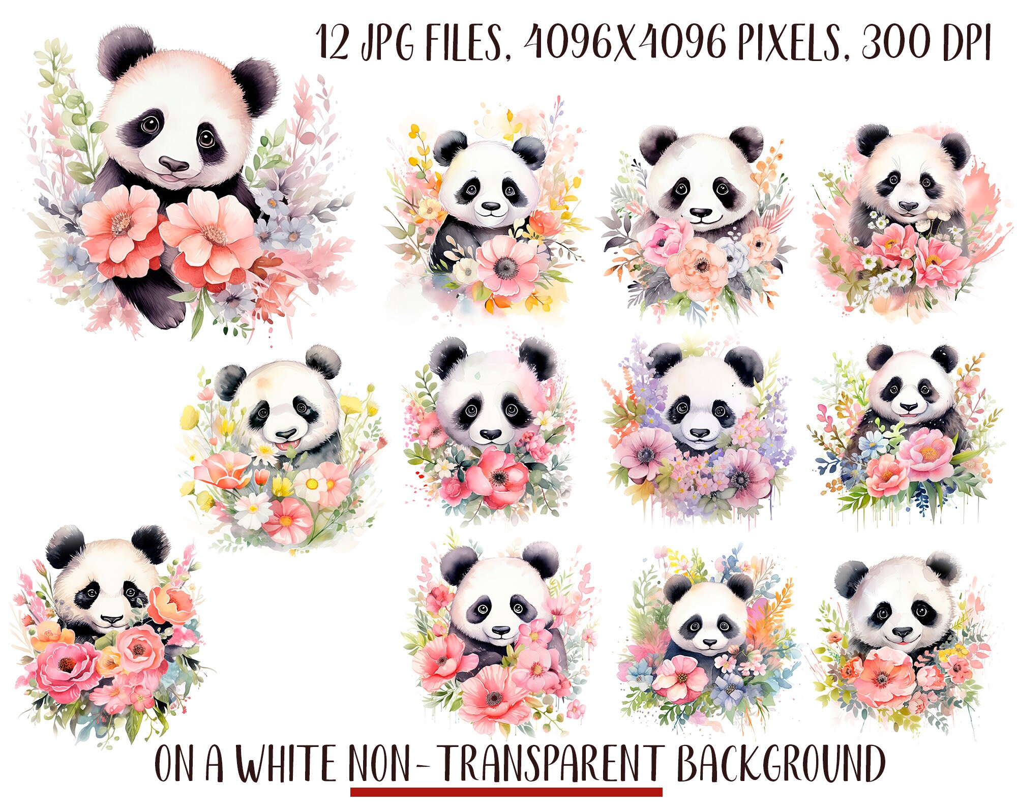 Watercolor Cute Pandas Clipart Panda With Flowers Digital - Etsy