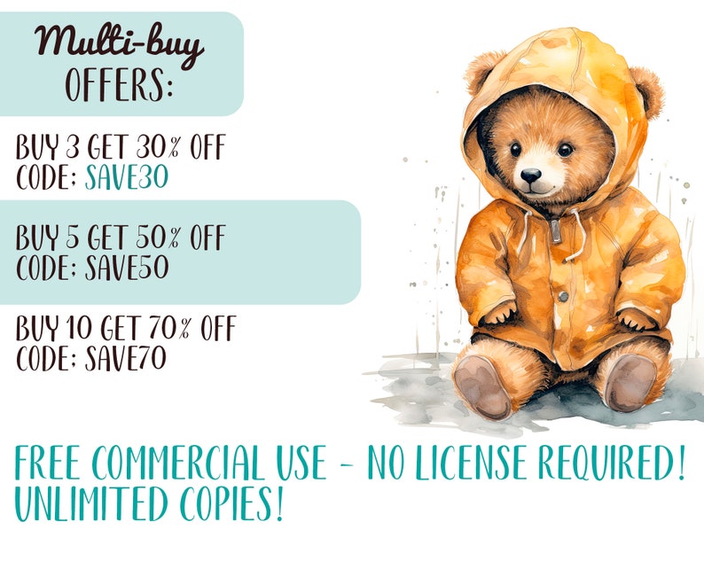 Watercolor Teddy Bears Clipart: Nursery Art Raincoats (JPG Files) - Etsy