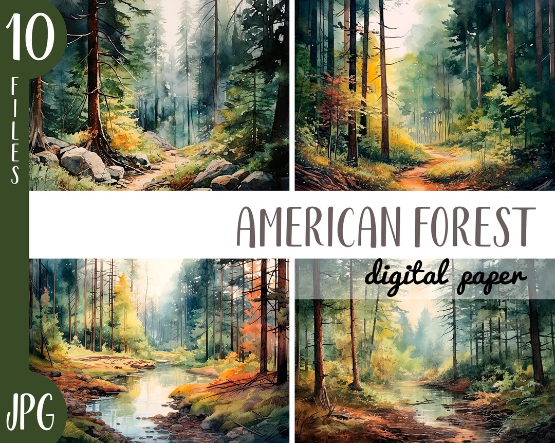 Watercolor American Forest Clipart - Woodland Digital Paper - Green ...