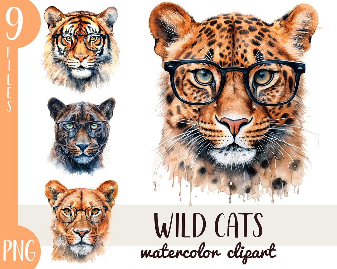 Watercolor Wild Cats in Glasses Clipart - Realistic Big Cats Graphic ...