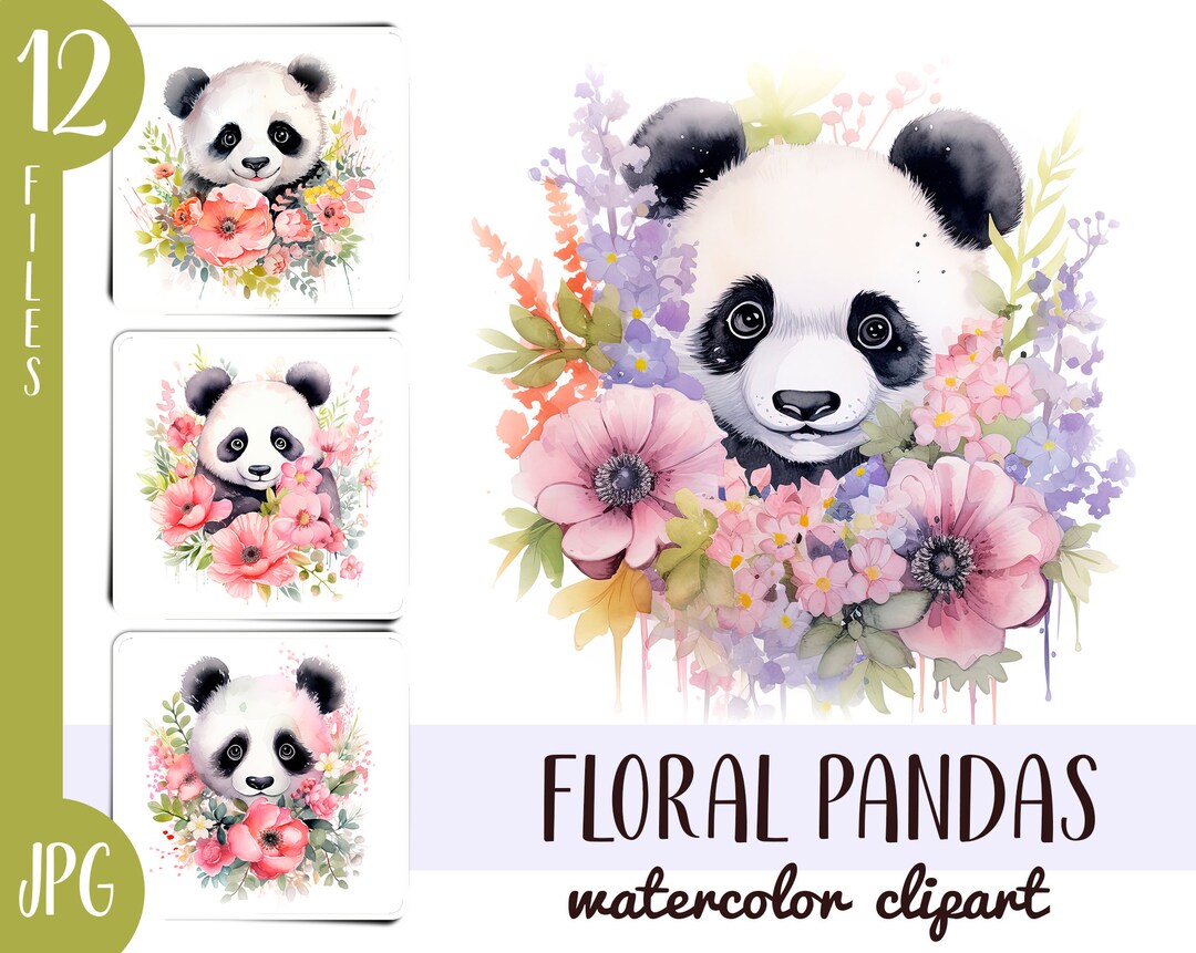 Watercolor Panda Clipart: Floral Panda Portraits (JPG Digital Download ...