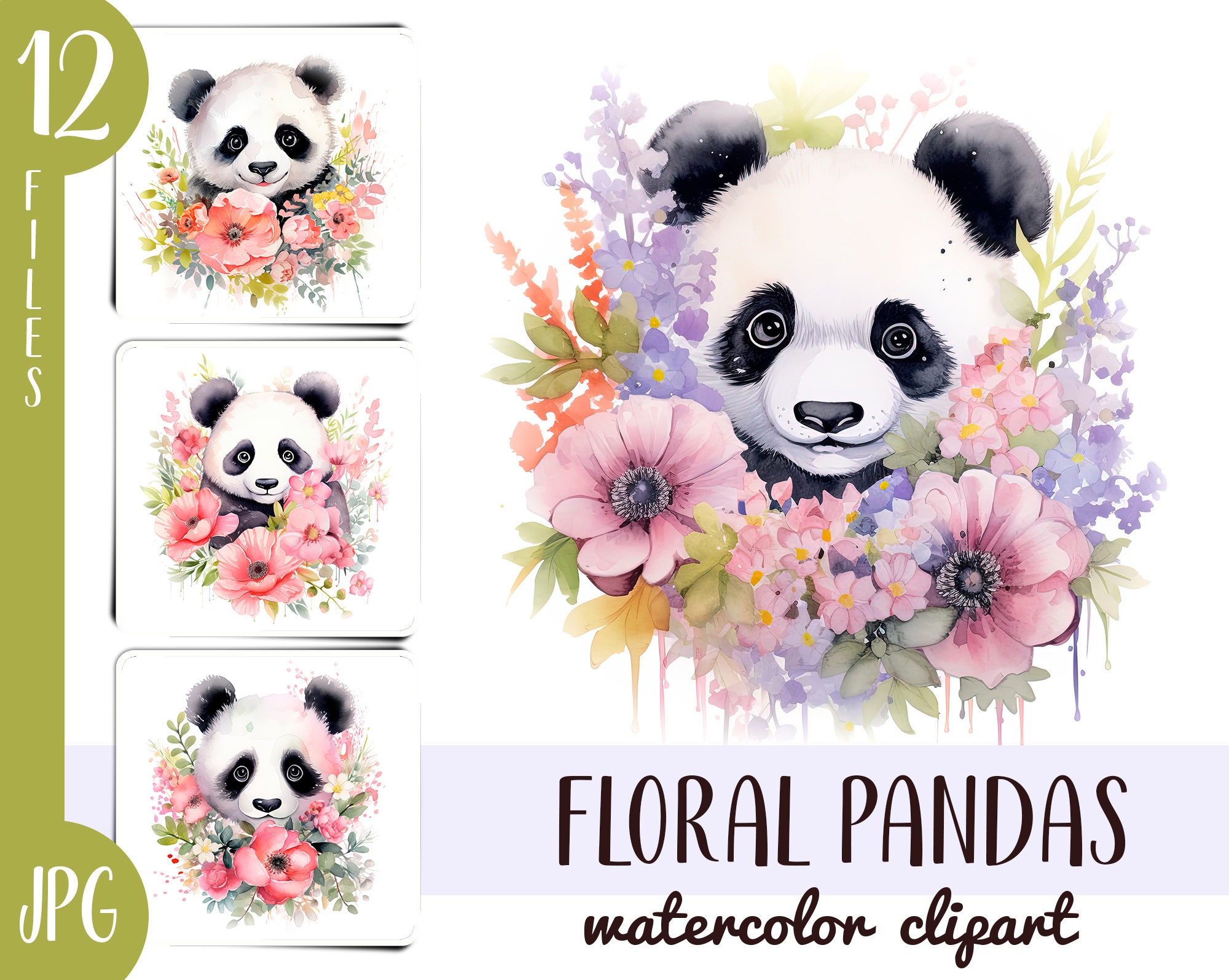 Watercolor Cute Pandas Clipart Panda With Flowers Digital - Etsy