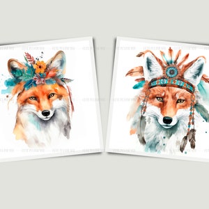 Watercolor Boho Foxes Clipart - Cute Fox Sublimation JPG - Delicate ...