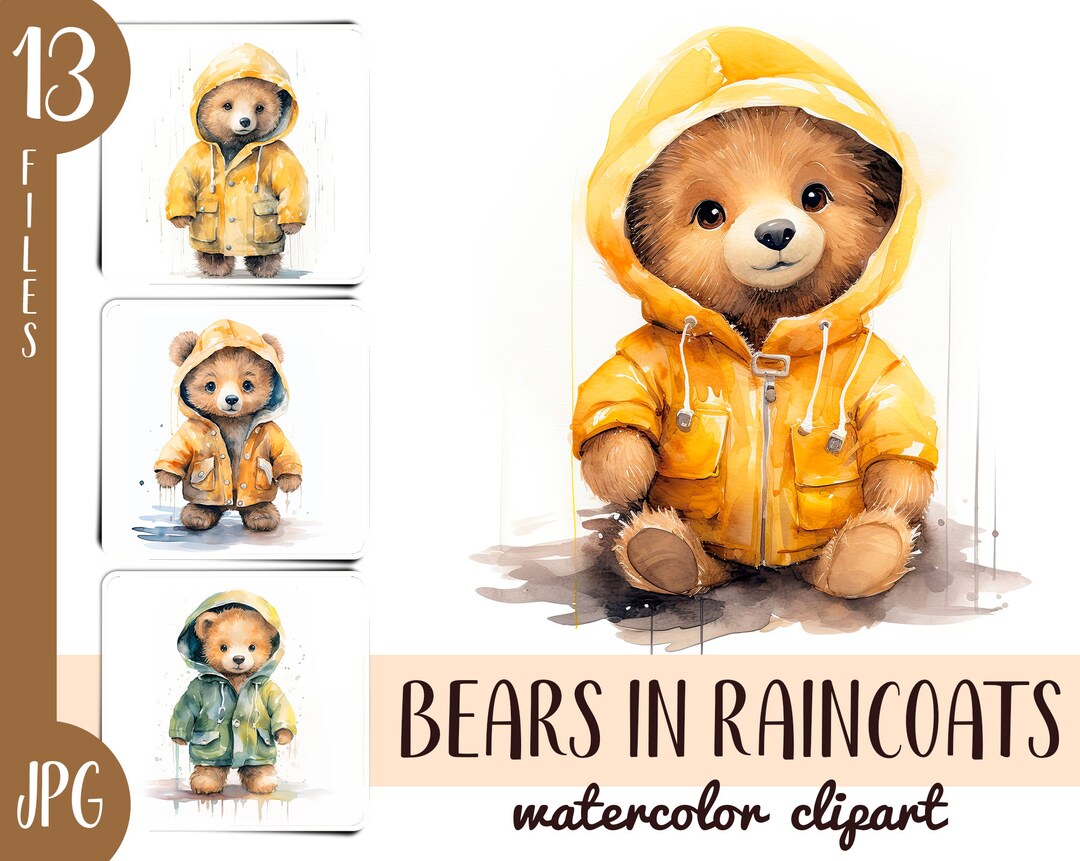 Watercolor Bears in Raincoats Clipart - Cartoon Teddy Bears in the Rain ...