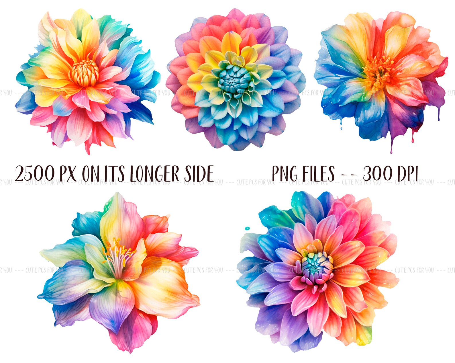 Watercolor Rainbow Flowers Clipart Pastel Rainbow Floral - Etsy