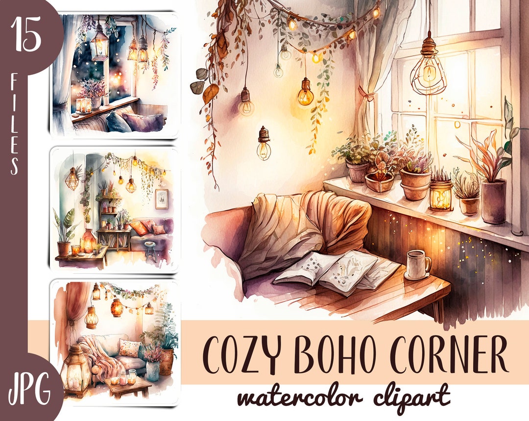 Watercolor Cozy Boho Corners - Boho Interior - Comfort in the House ...