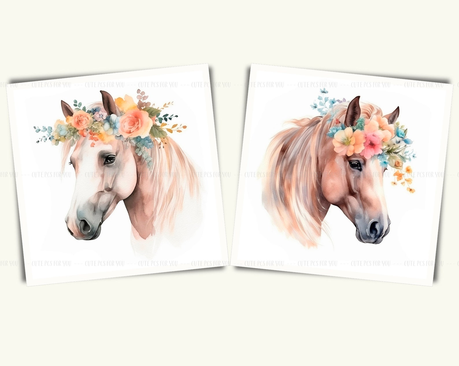 Watercolor Floral Horses Clipart Pony With Flowers Graphics - Etsy
