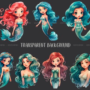 Watercolor Little Mermaids Clipart - Princess Mermaid PNG - Cute ...