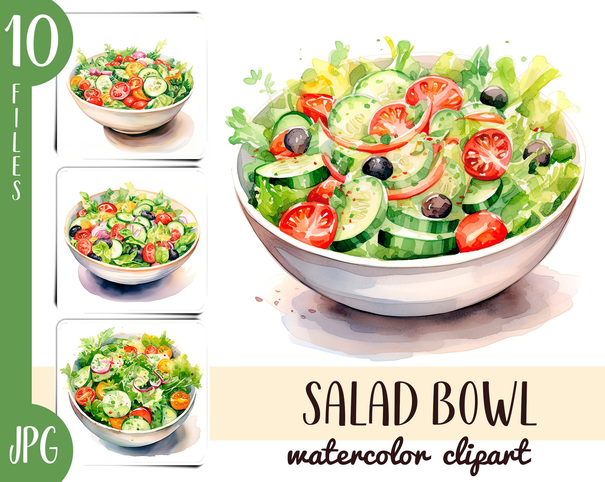 Watercolor Bowls With Salad Clipart plate With Food Digital Paper ...