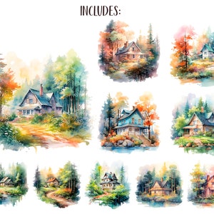 Watercolor House in the Forest Clipart - Forest Hut Digital Paper ...