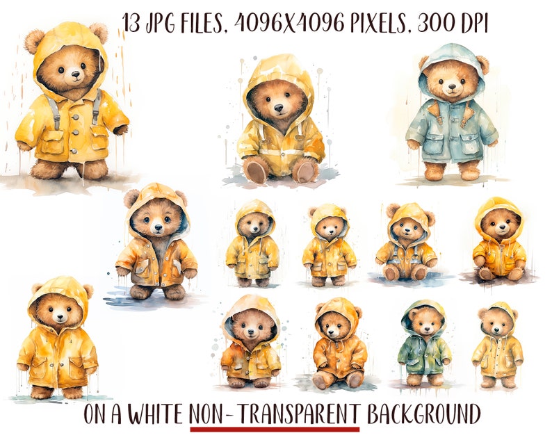 Watercolor Teddy Bears Clipart: Nursery Art Raincoats (JPG Files) - Etsy
