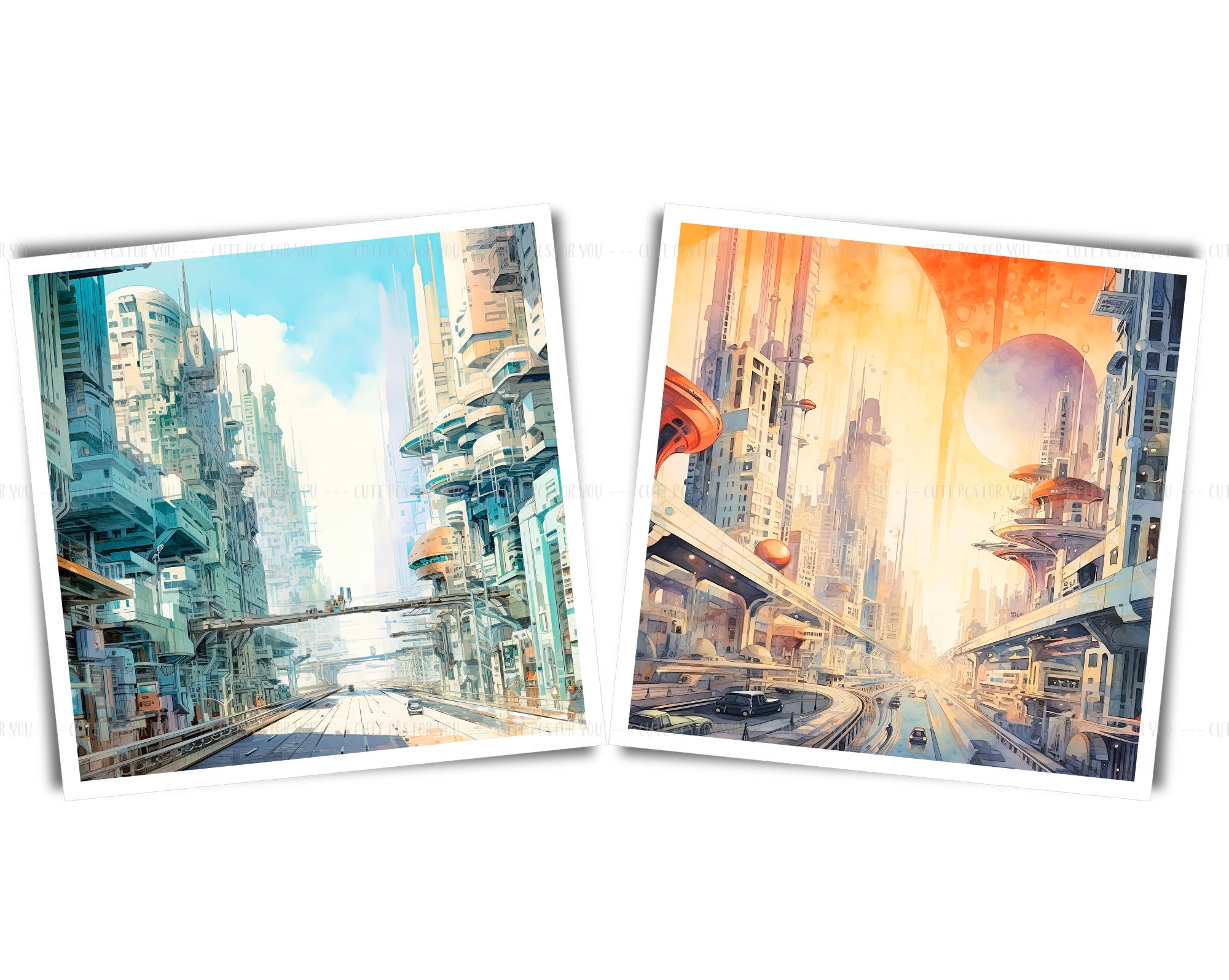 Watercolor Futuristic City Clipart the City of the Future - Etsy