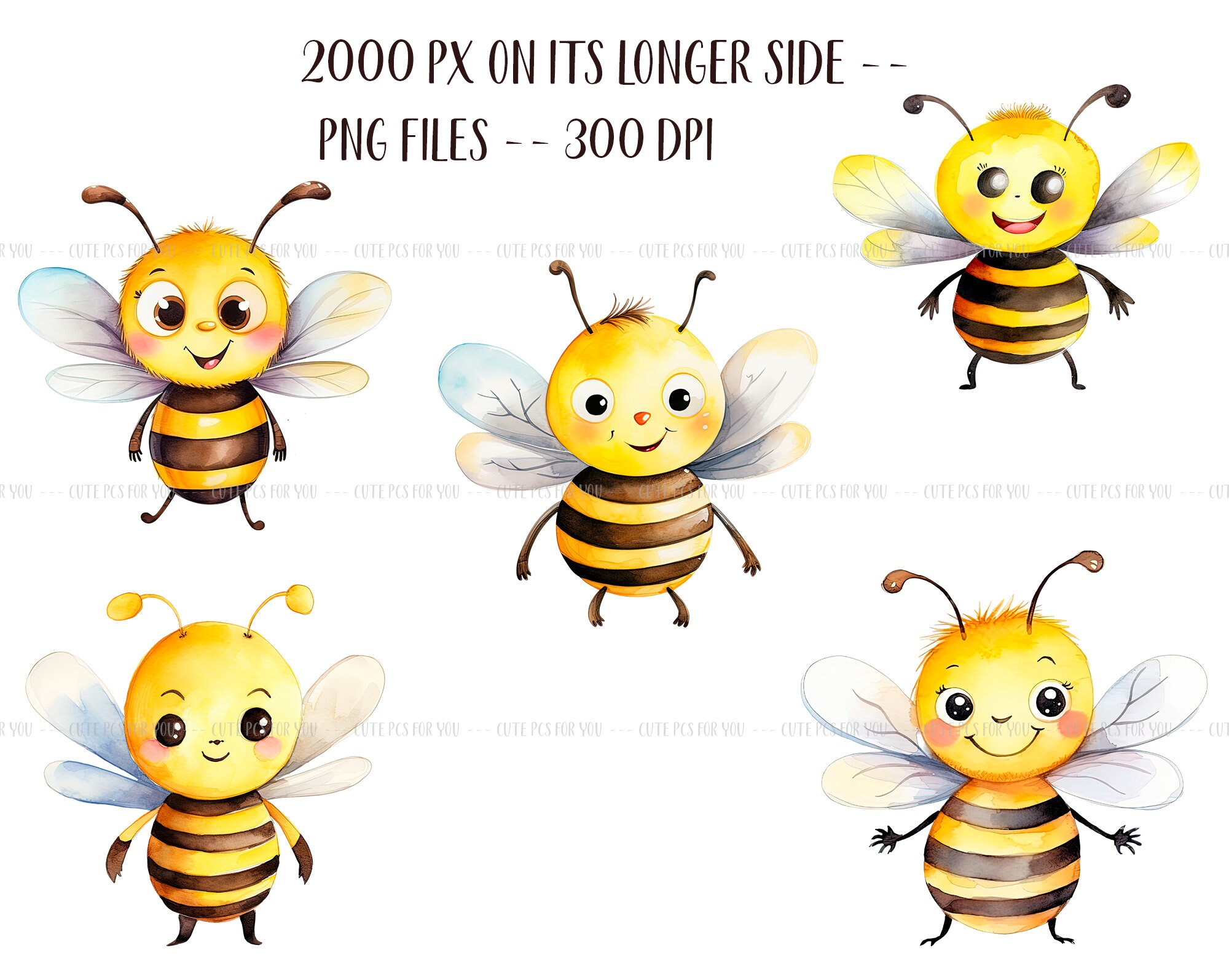 Watercolor Cute Bees Clipart - Cartoon Bee Graphics - Children's ...