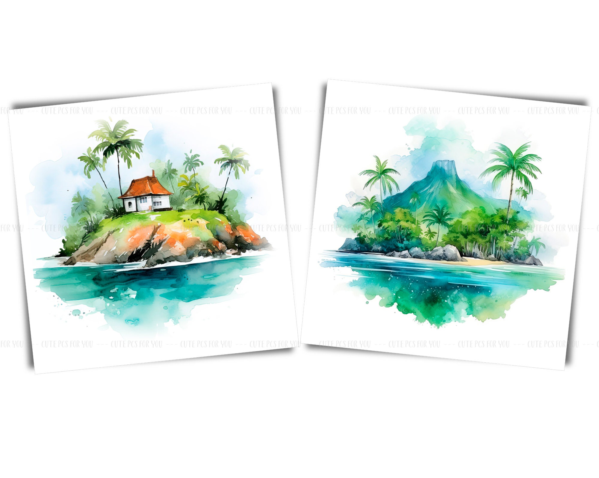 Watercolor Tropical Island Clipart Ocean Coast vacation by - Etsy