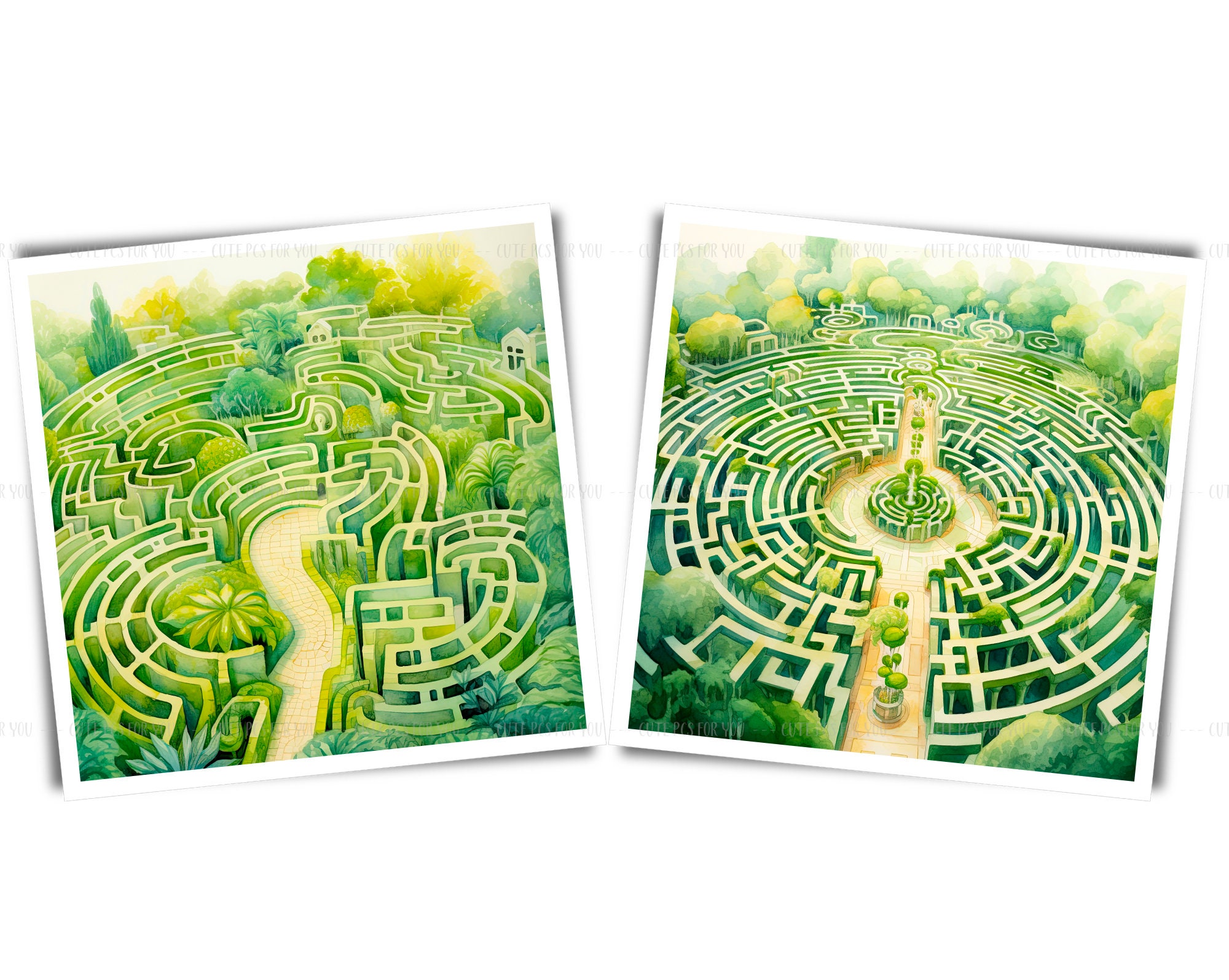 Watercolor Green Mazes Clipart Green Background JPG Garden - Etsy