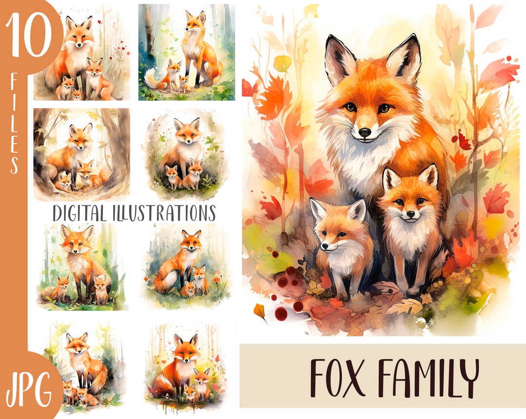 Watercolor Family of Foxes in the Forest Clipart - Fox and Foxes ...