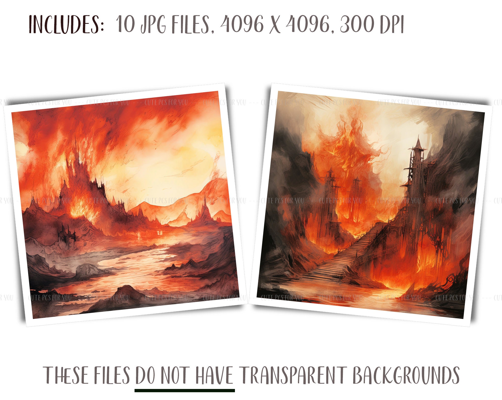 Watercolor Hell Clipart Underworld Landscape Digital Paper Fantastic ...