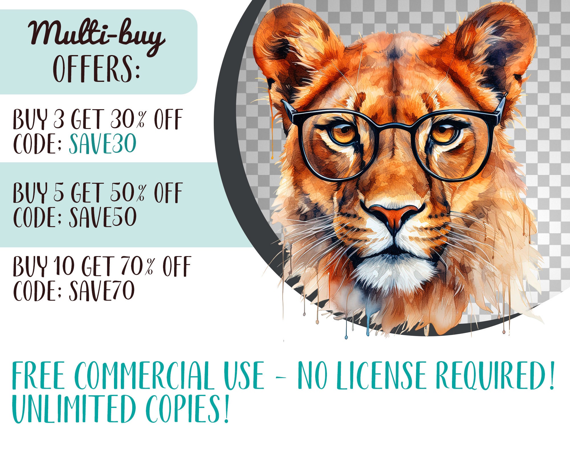 Watercolor Wild Cats in Glasses Clipart Realistic Big Cats - Etsy