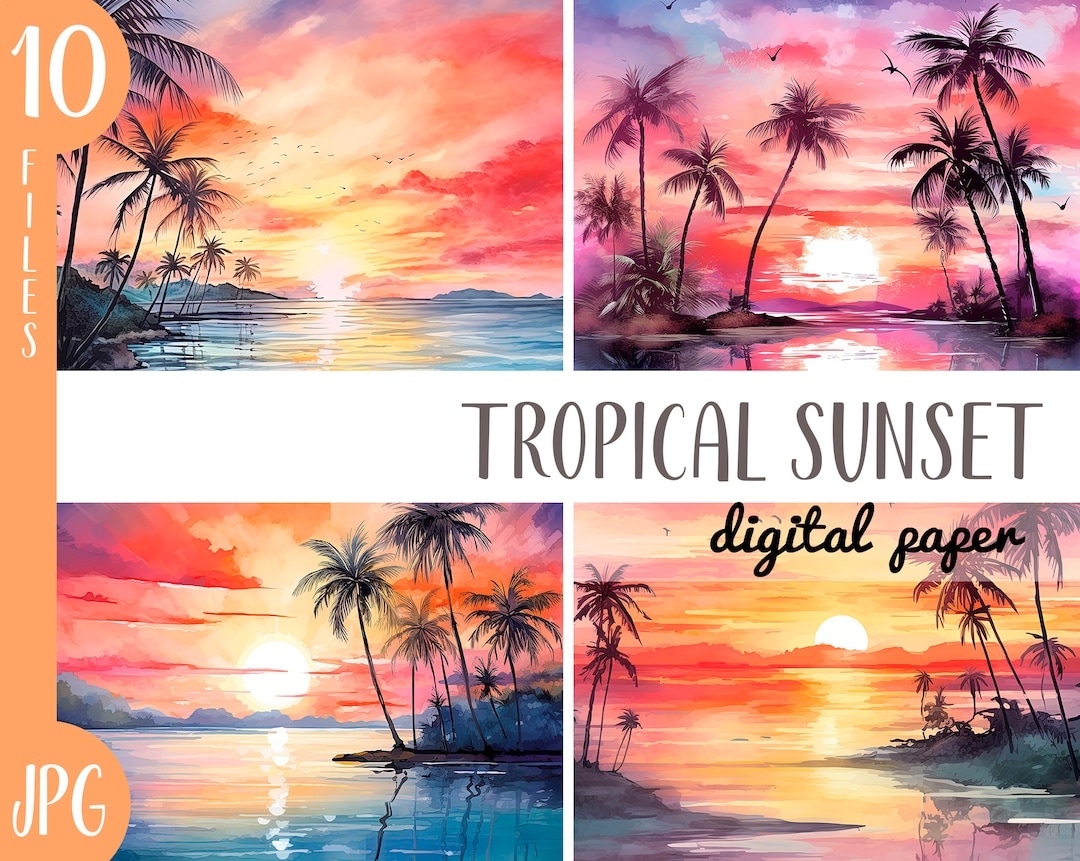Watercolor Tropical Sunset Clipart Evening Landscape Palm Trees Digital ...