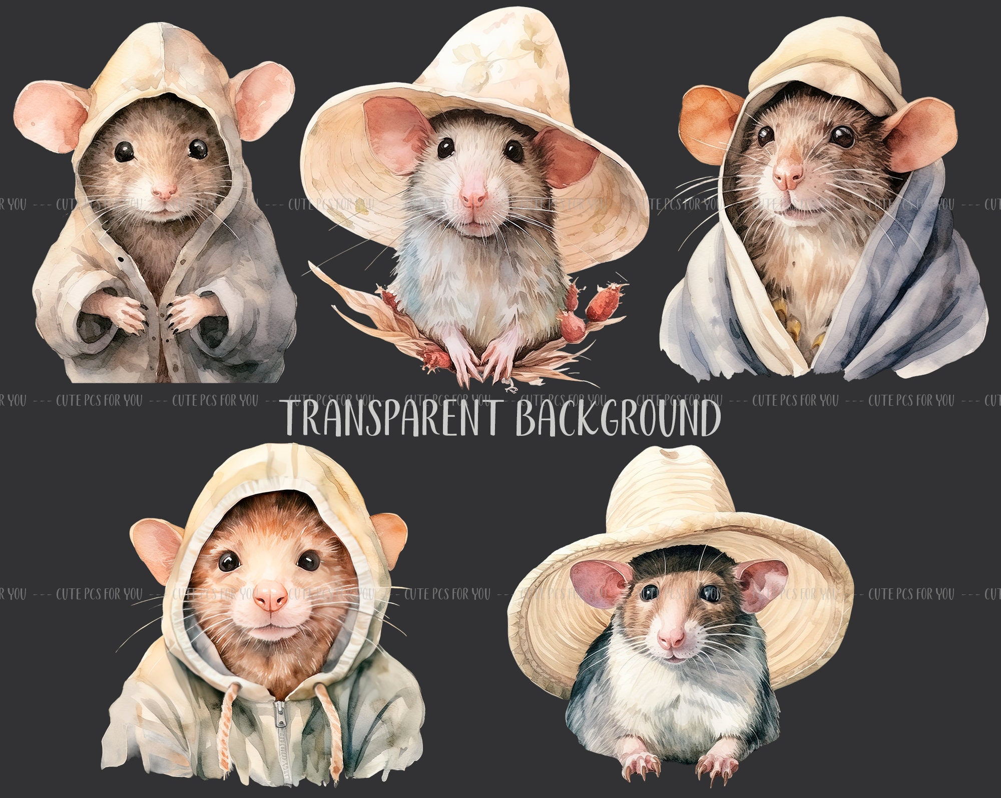 Watercolor Funny Rats Clipart - Cute Mice in Funny Hat Digital ...