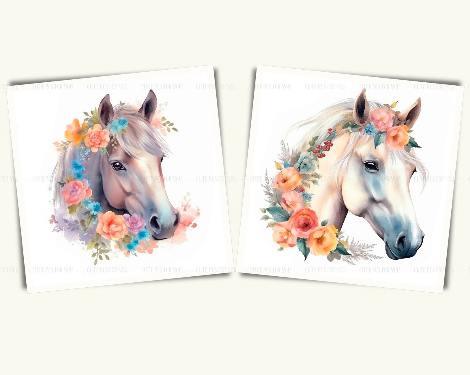 Watercolor Floral Horses Clipart Pony With Flowers Graphics - Etsy