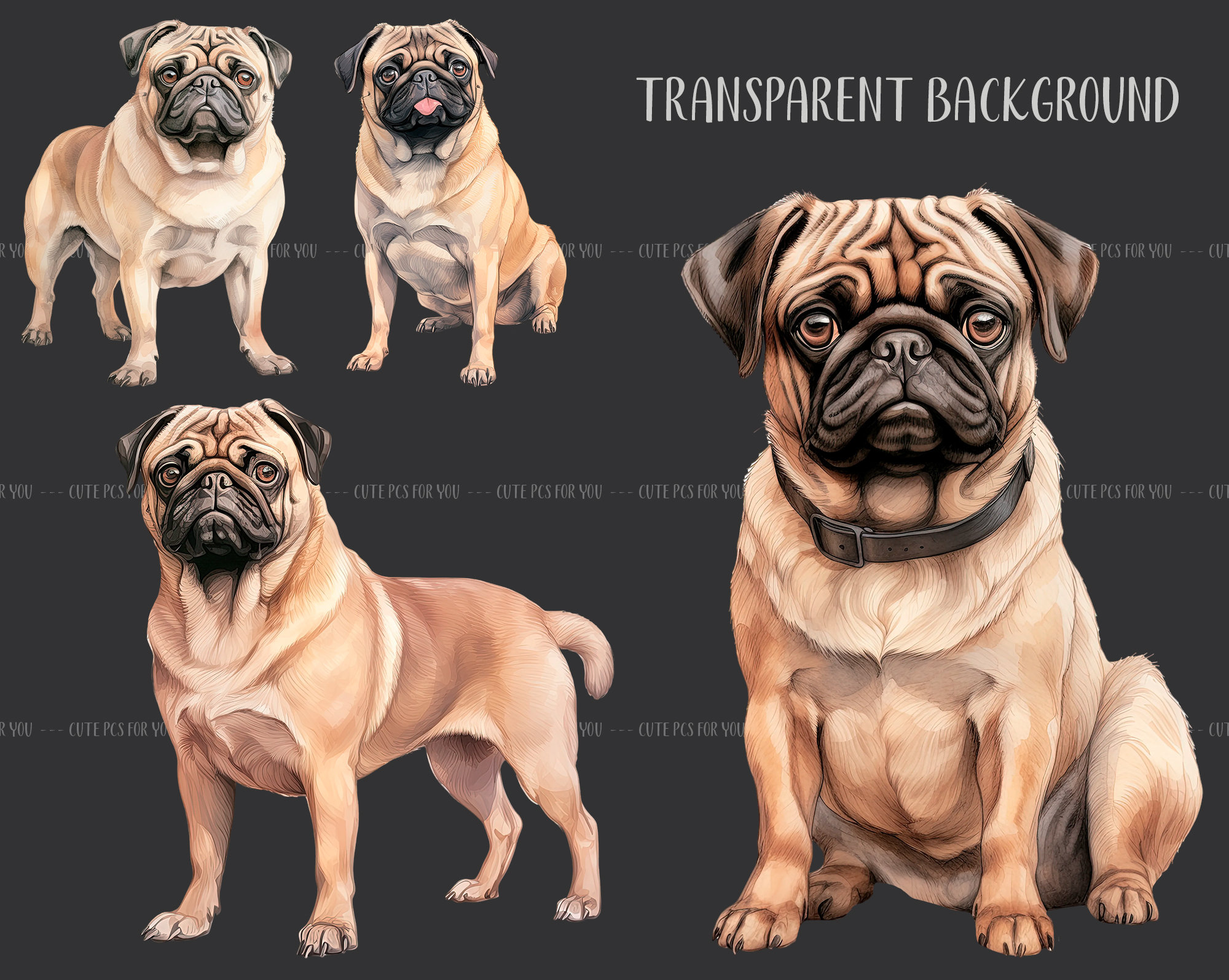 Watercolor Pugs Clipart - Cute Pug Dog Digital Paper - Portrait of a ...