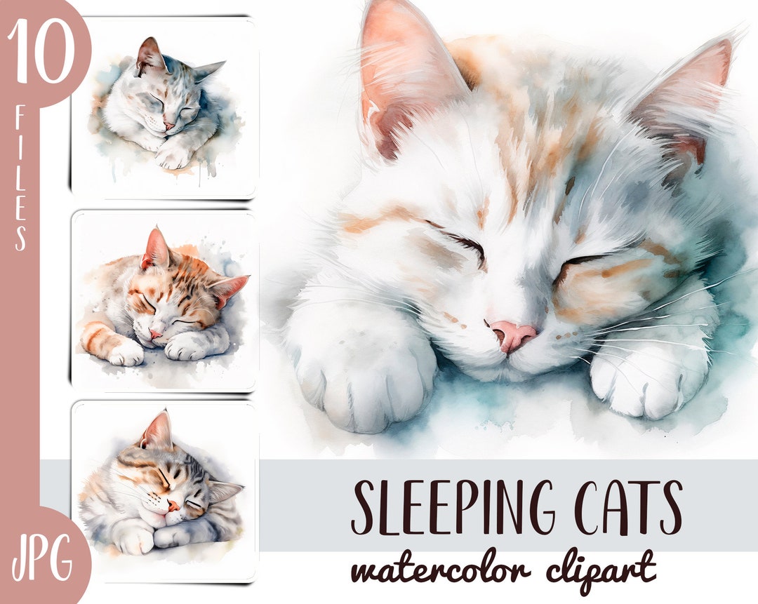 Watercolor Sleeping Cats Clipart - Cute Resting Kittens JPG ...