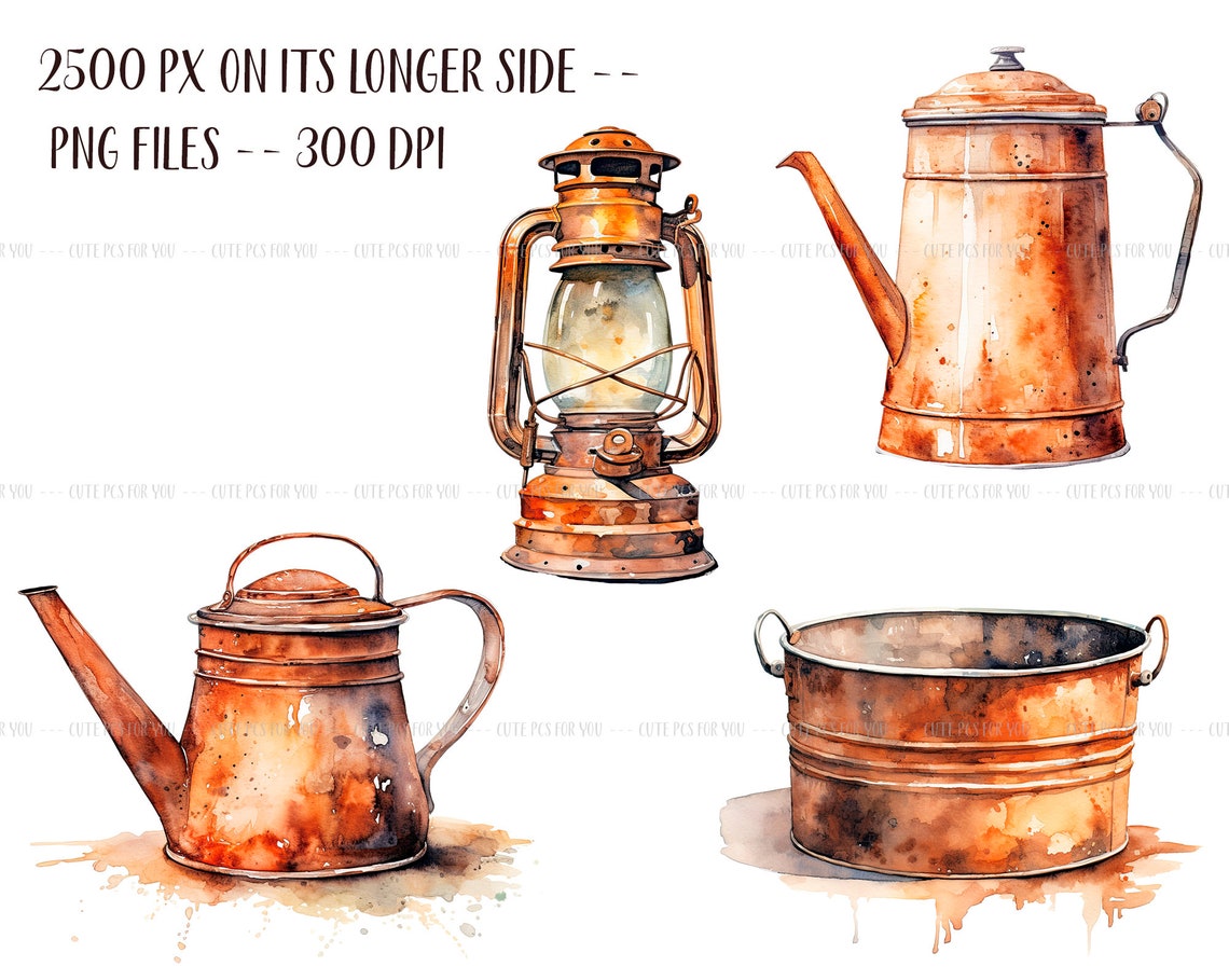 Watercolor Rusty Objects Clipart: Vintage Lantern, Buckets (PNG) - Etsy
