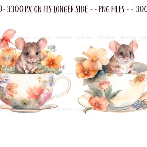 Watercolor Mice in Cups Clipart- Cute Rat and Mug Digital Illustration-floral Arrangement ...