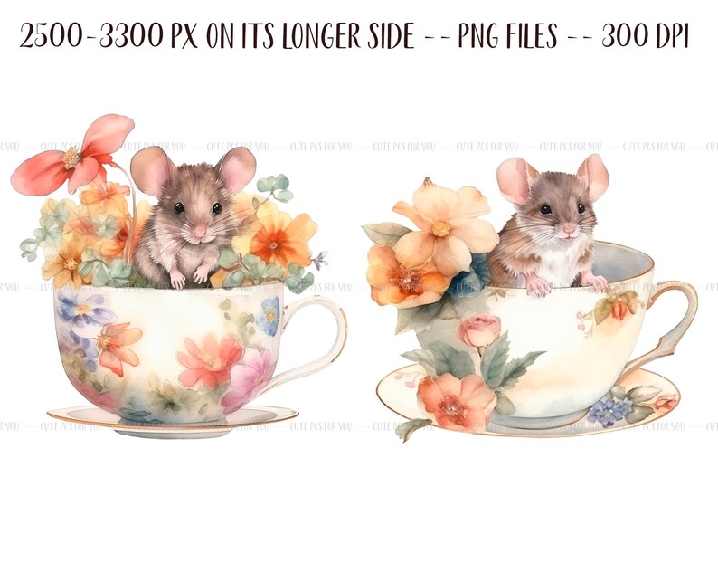 Watercolor Mice in Cups Clipart Cute Rat and Mug Digital - Etsy
