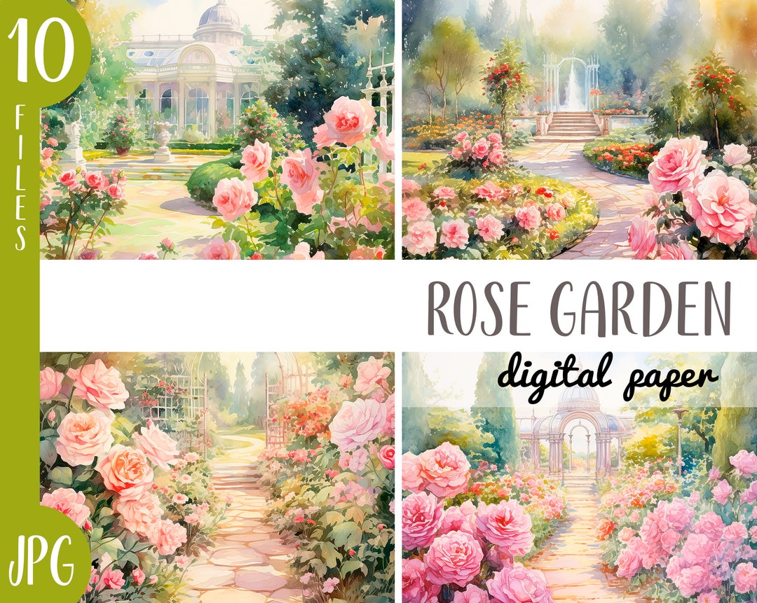 Watercolor Rose Garden Clipart - Garden With Roses Digital Paper - Park ...