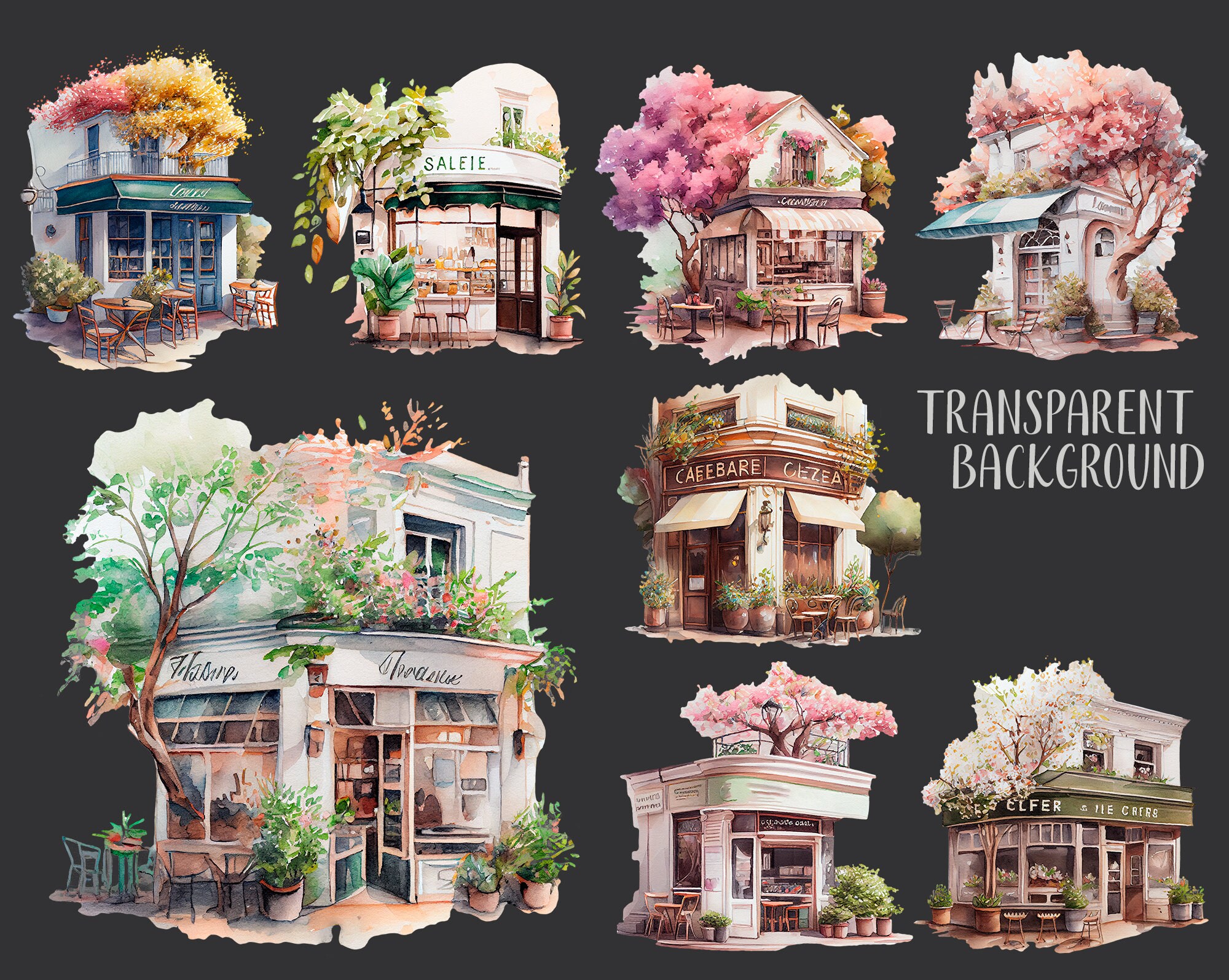 Watercolor Spring Cafe Clipart Shop Digital Watercolor - Etsy