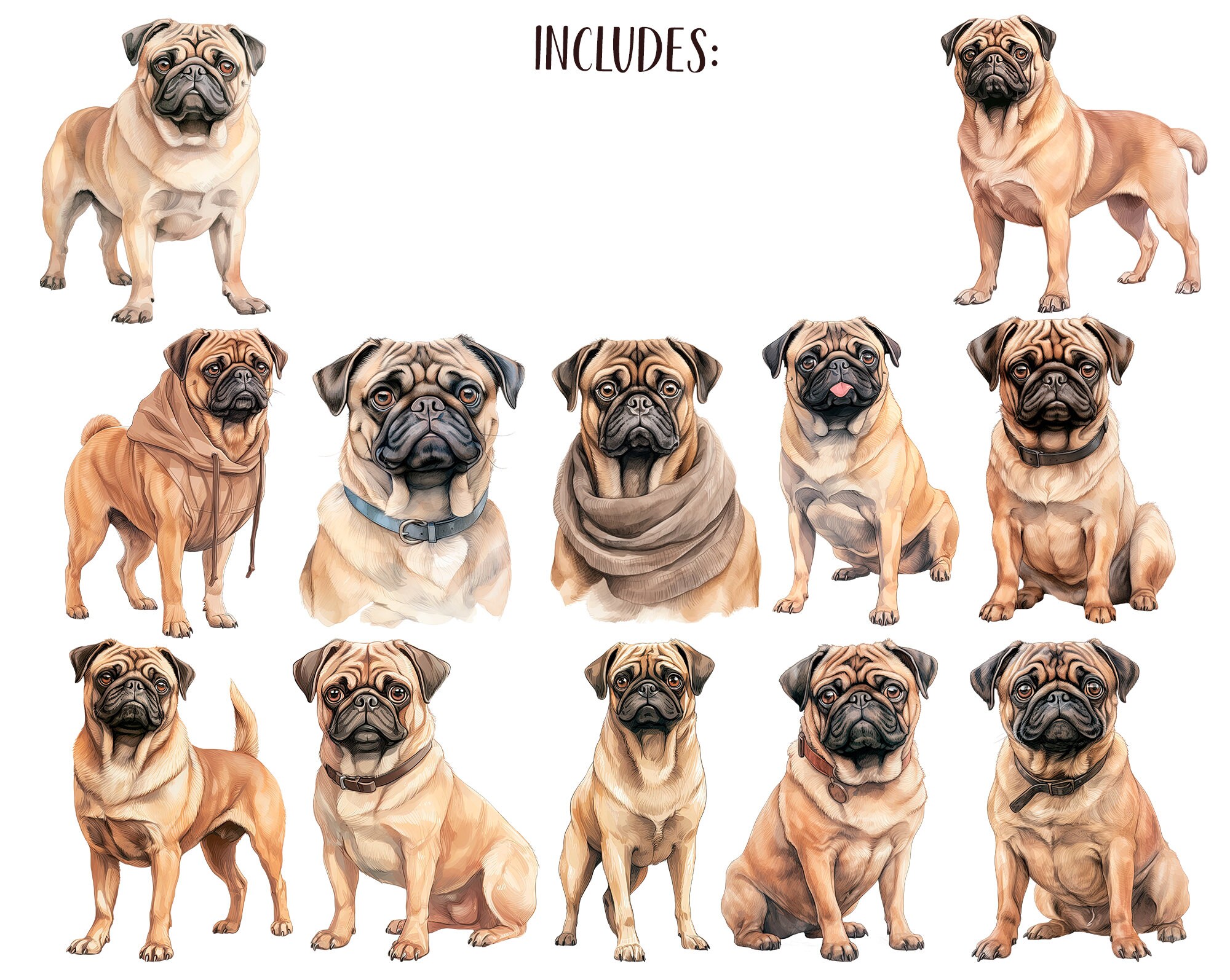 Watercolor Pugs Clipart - Cute Pug Dog Digital Paper - Portrait of a ...
