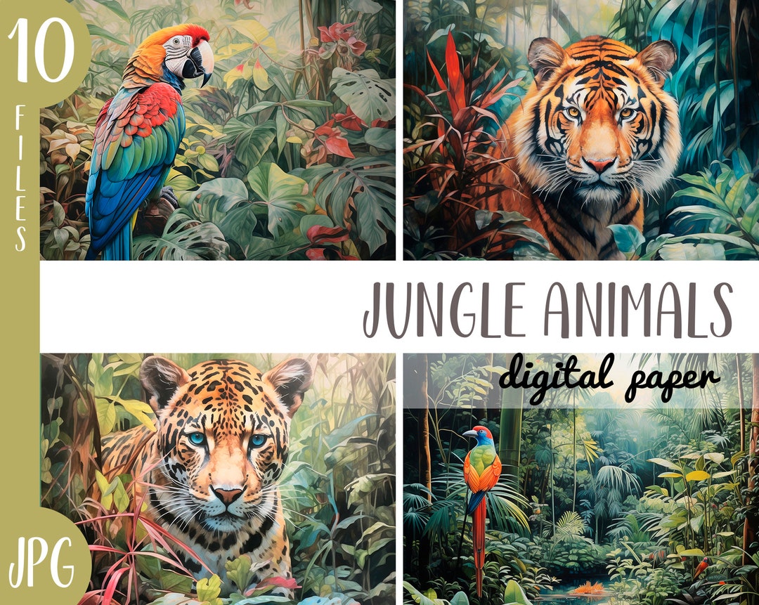 Watercolor Jungle Animals Clipart Jungle Landscape Digital Paper Tiger ...