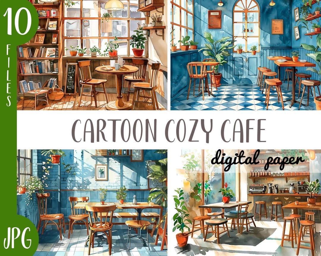 Watercolor Cartoon Cozy Cafe Clipart - Summer Cafe Interior Digital ...