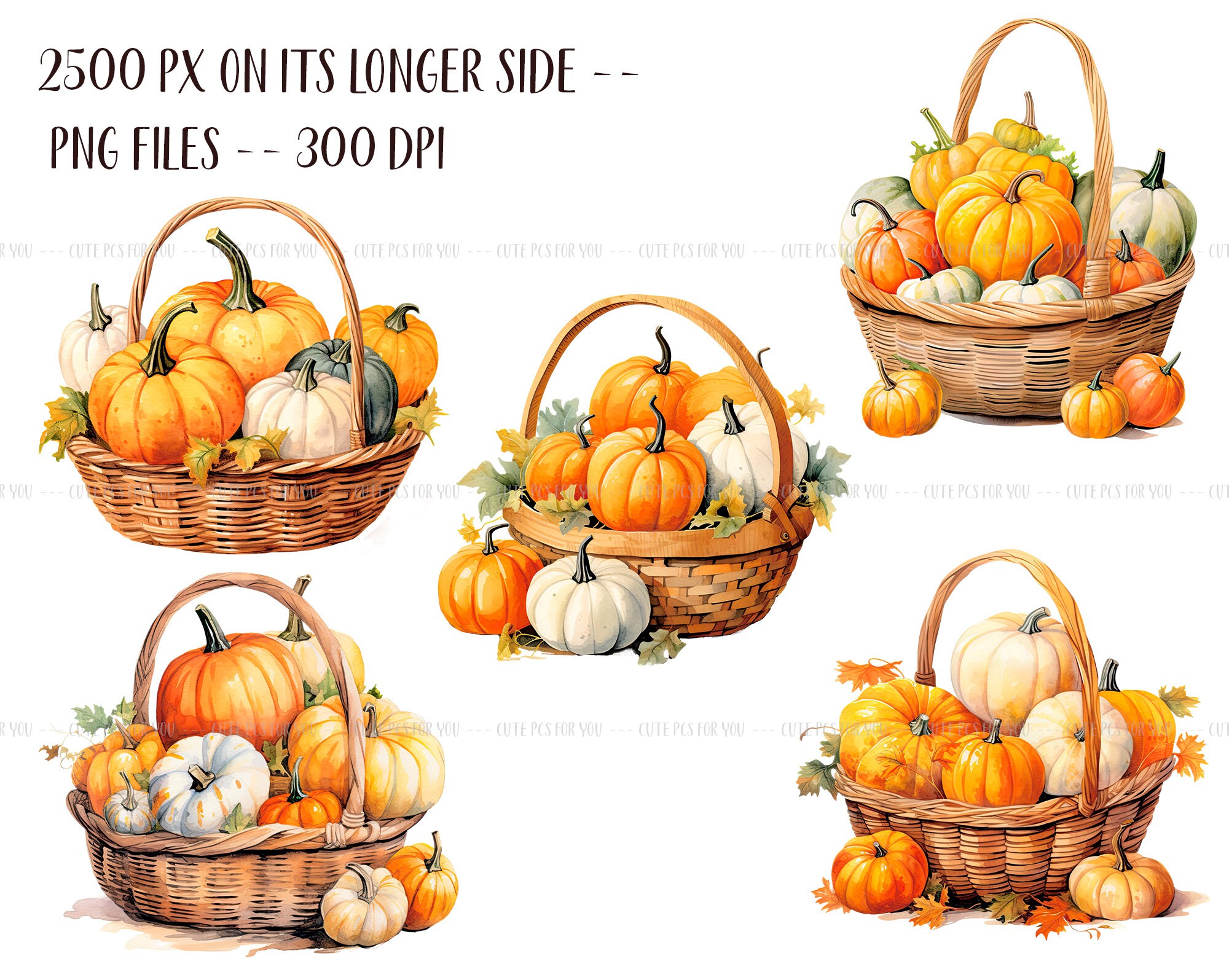 Watercolor Pumpkin Baskets Clipart: Autumn Harvest (PNG Digital ...