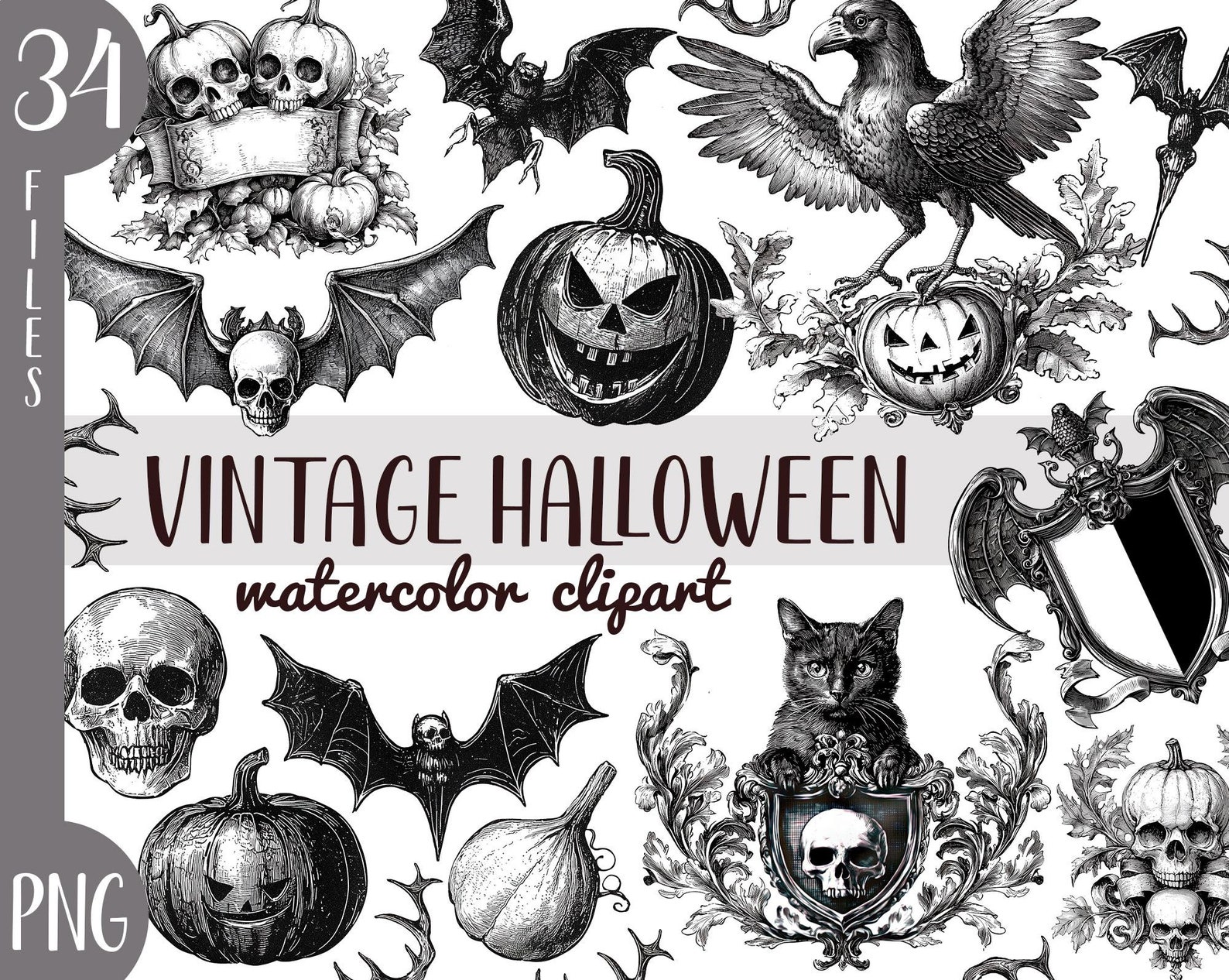 Watercolor Vintage Halloween Clipart: Skulls, Pumpkins, Bats (PNG) - Etsy