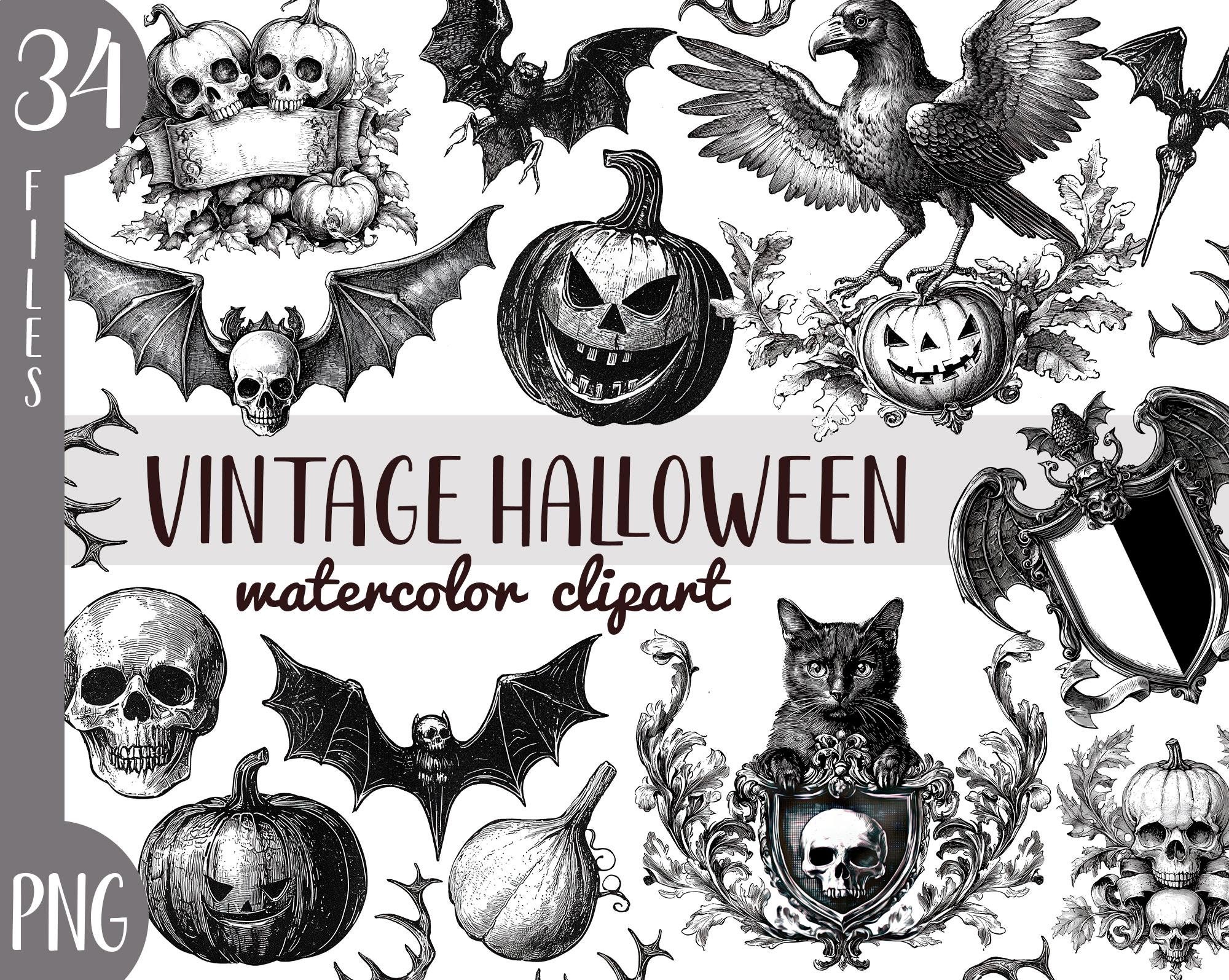 Watercolor Vintage Halloween Clipart: Skulls, Pumpkins, Bats (PNG) - Etsy