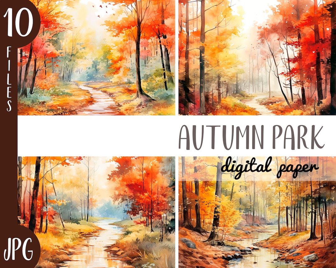 Watercolor Autumn Park Clipart - Autumn Forest Digital Paper - Bright ...
